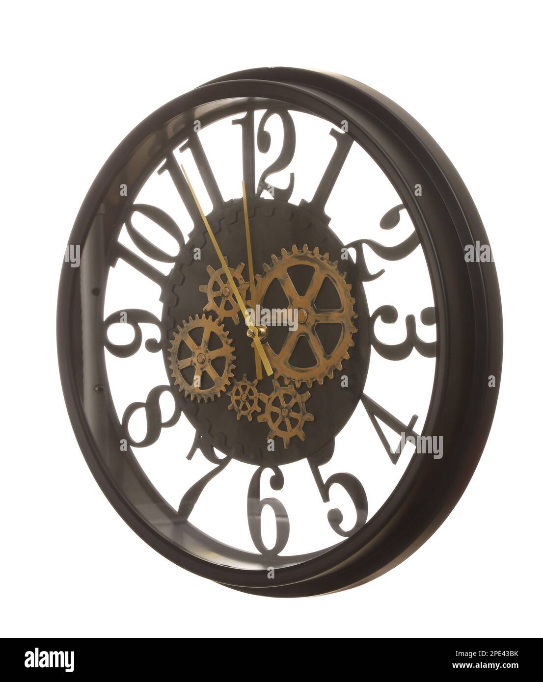 Stylish wall clock with gears showing five minutes until midnight on ...