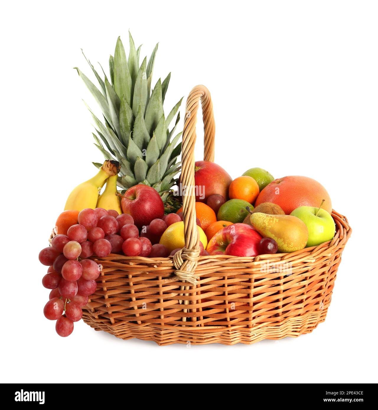 Wicker basket with different fresh fruits isolated on white Stock Photo - Alamy