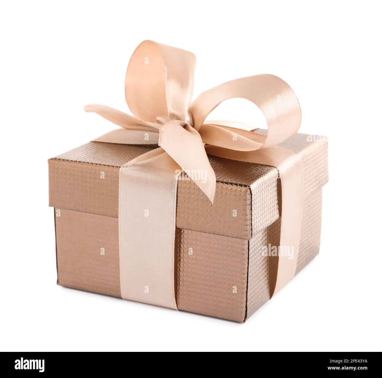 Shiny gift box with golden bow on white background Stock Photo - Alamy