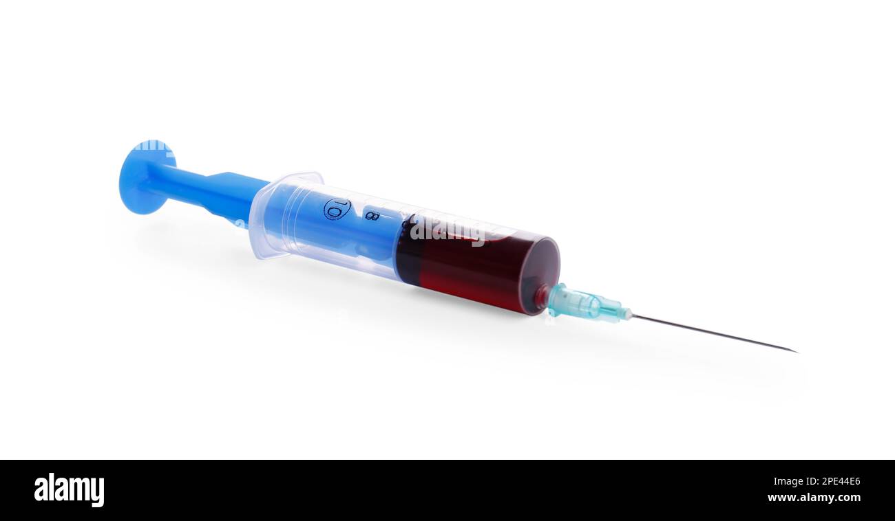 Plastic syringe with blood isolated on white Stock Photo - Alamy