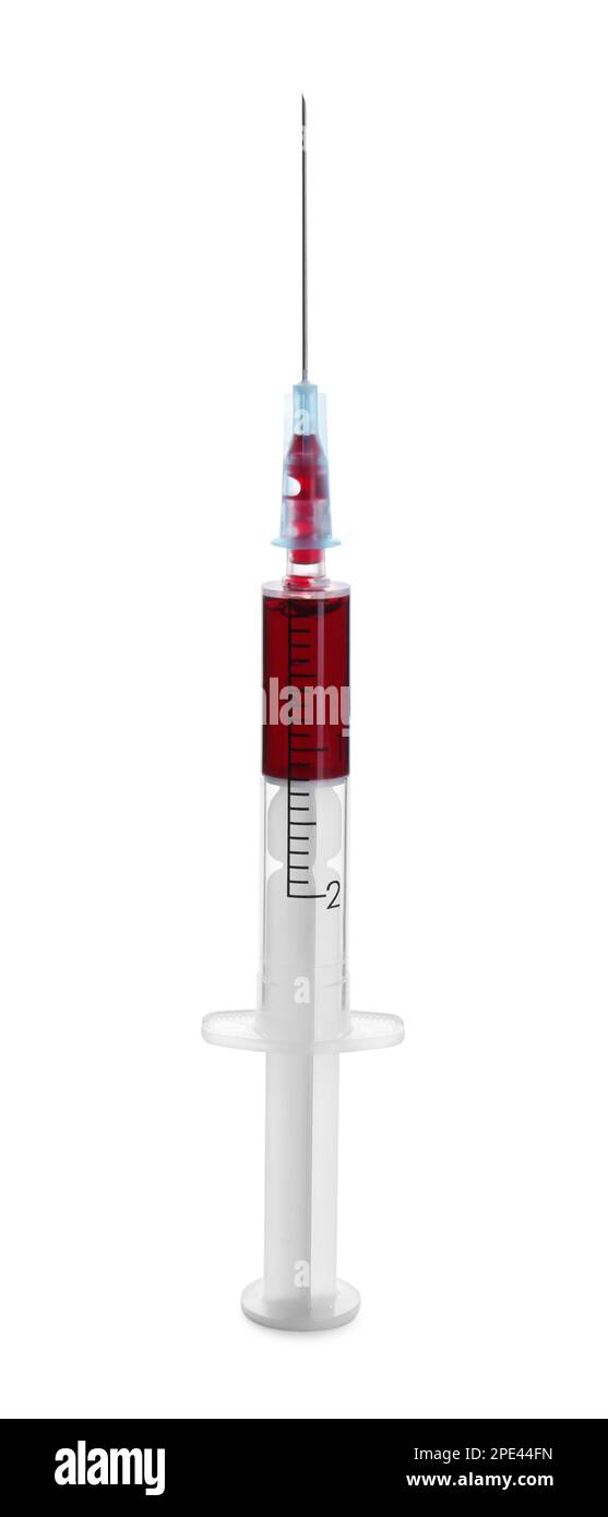 Plastic syringe with blood isolated on white Stock Photo - Alamy