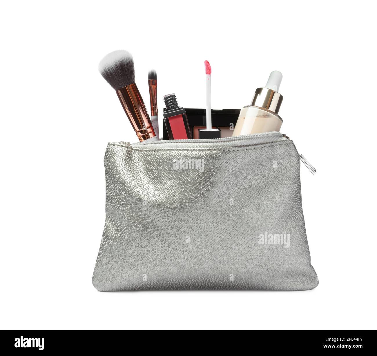 Stylish silver cosmetic bag with makeup products on white background ...