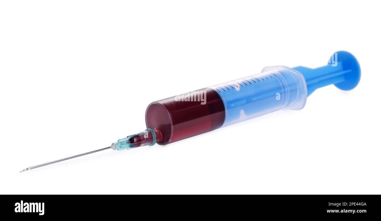 Plastic syringe with blood isolated on white Stock Photo - Alamy