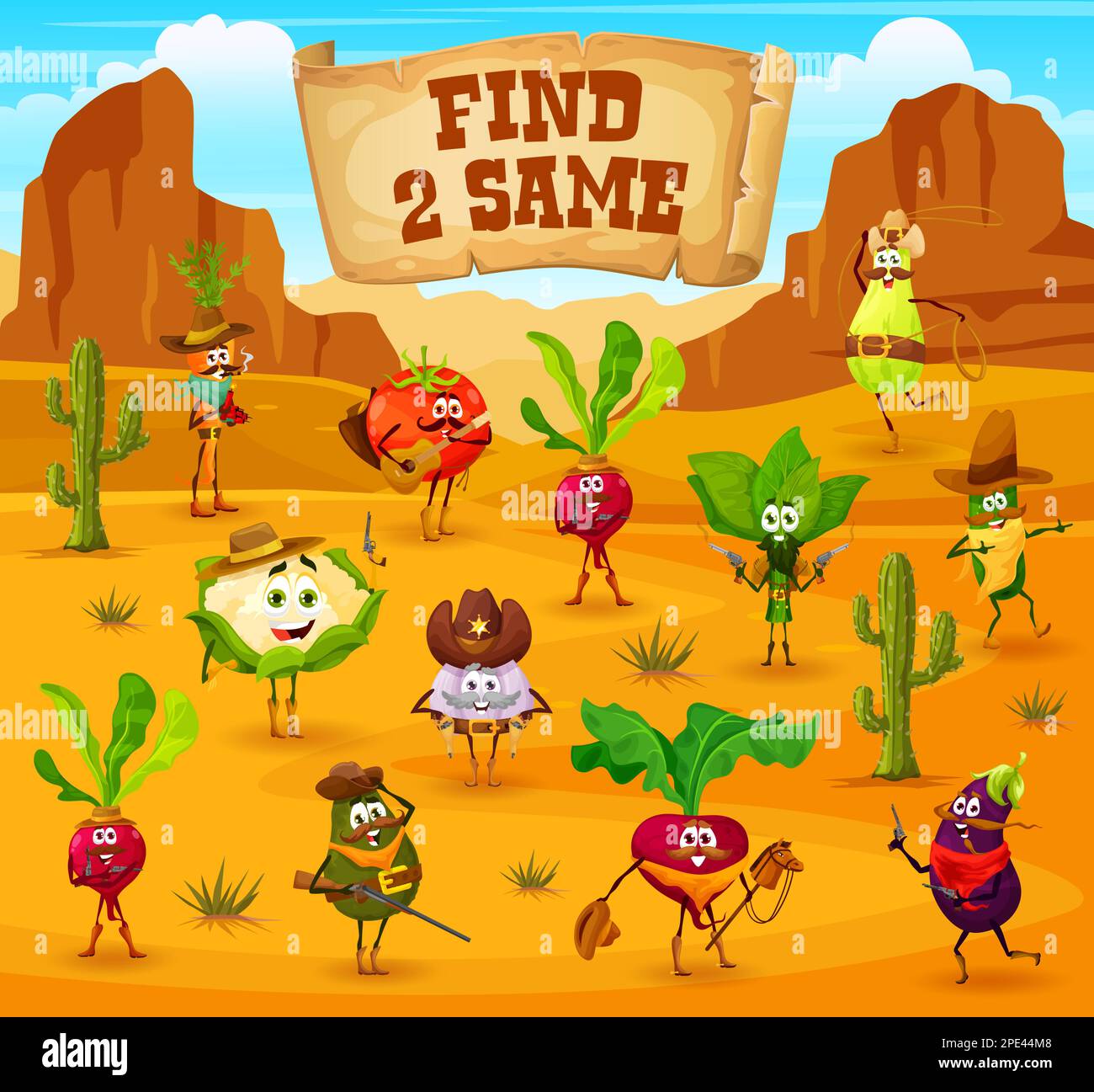 Find two same vegetable cowboy, sheriff, ranger and bandit characters ...