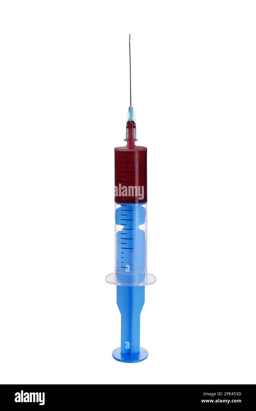 Plastic syringe with blood isolated on white Stock Photo - Alamy