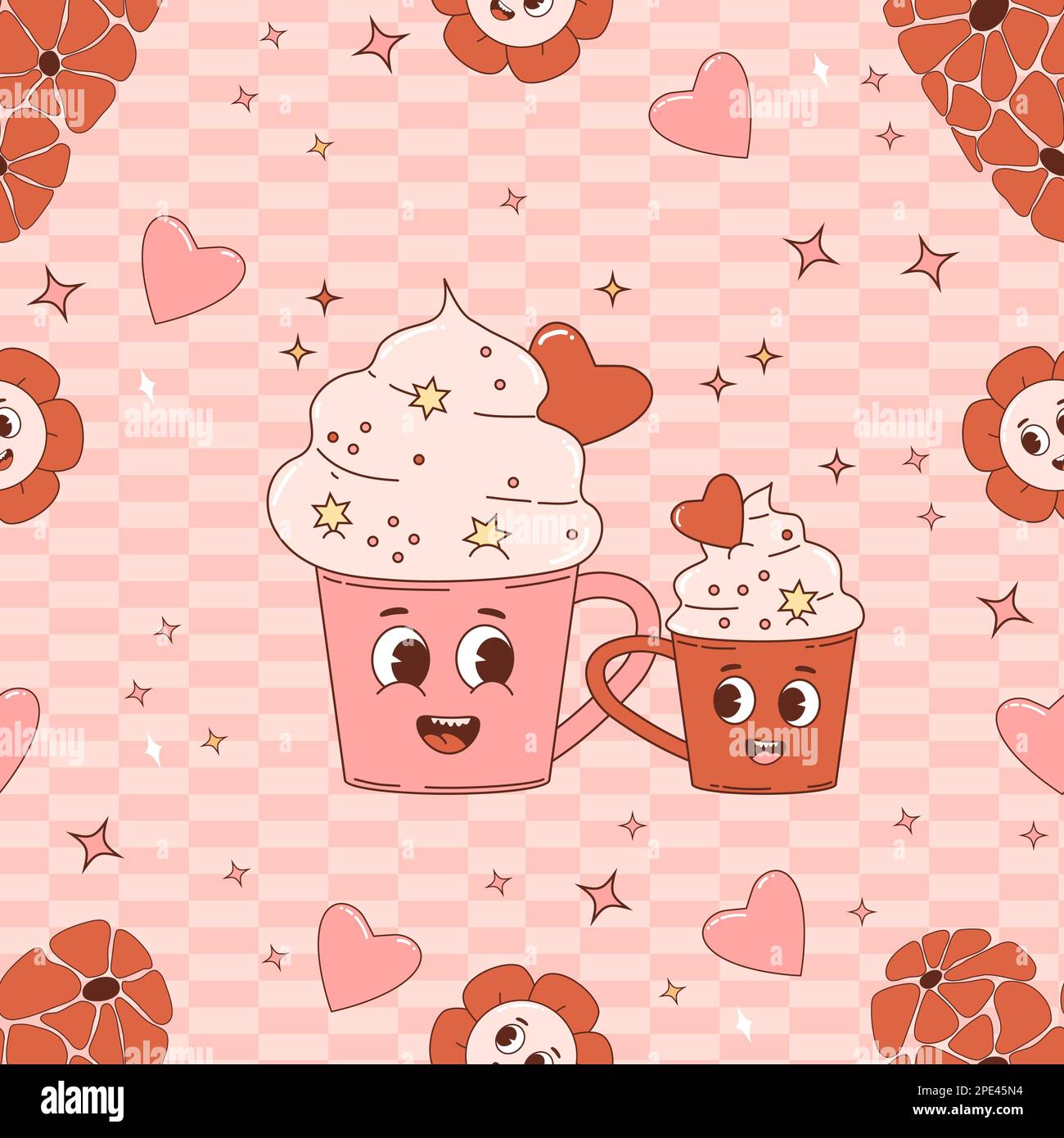 Retro seamless pattern with happy cartoon characters dessert cups and ...