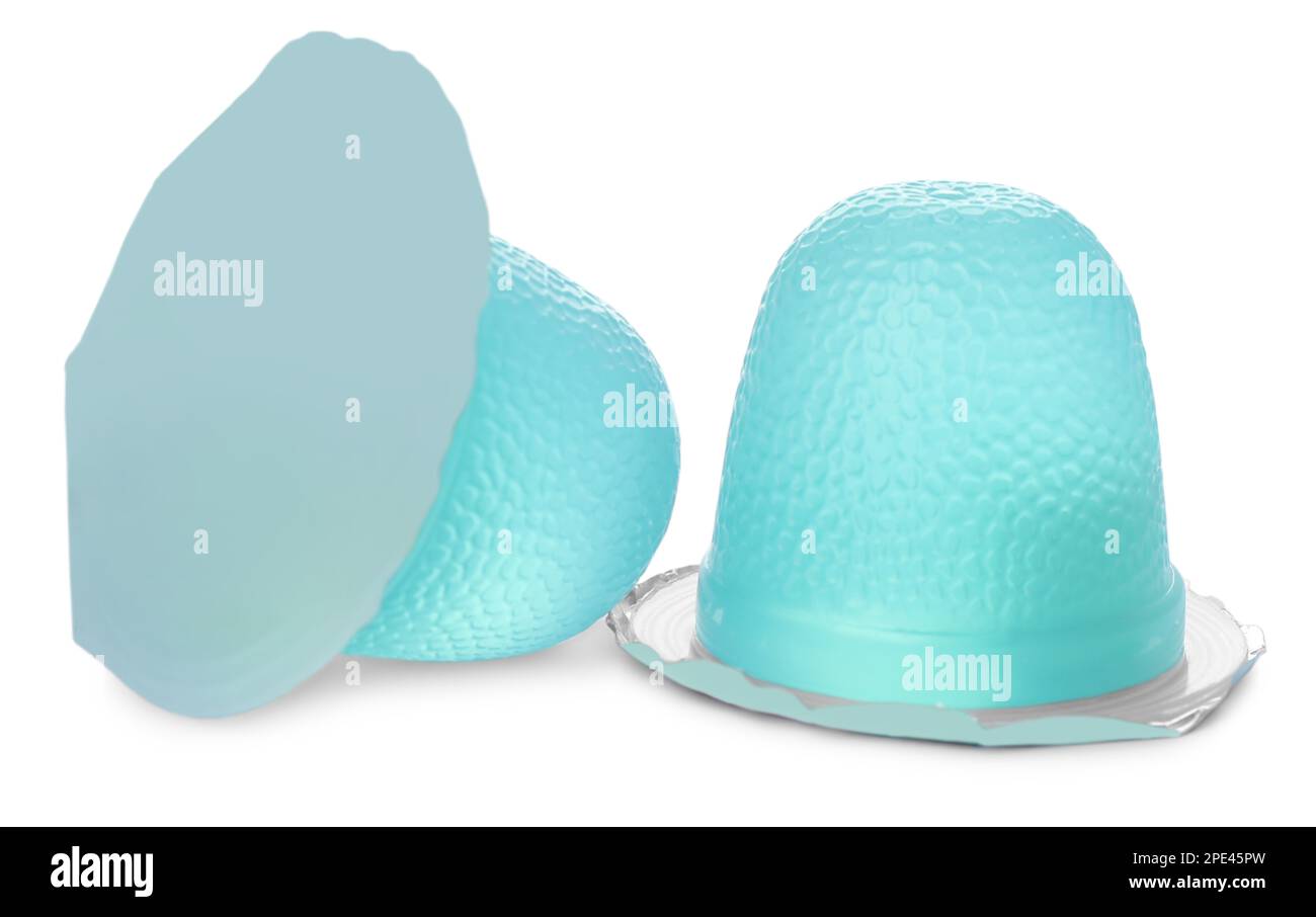 Delicious light blue jelly cups on white background Stock Photo - Alamy