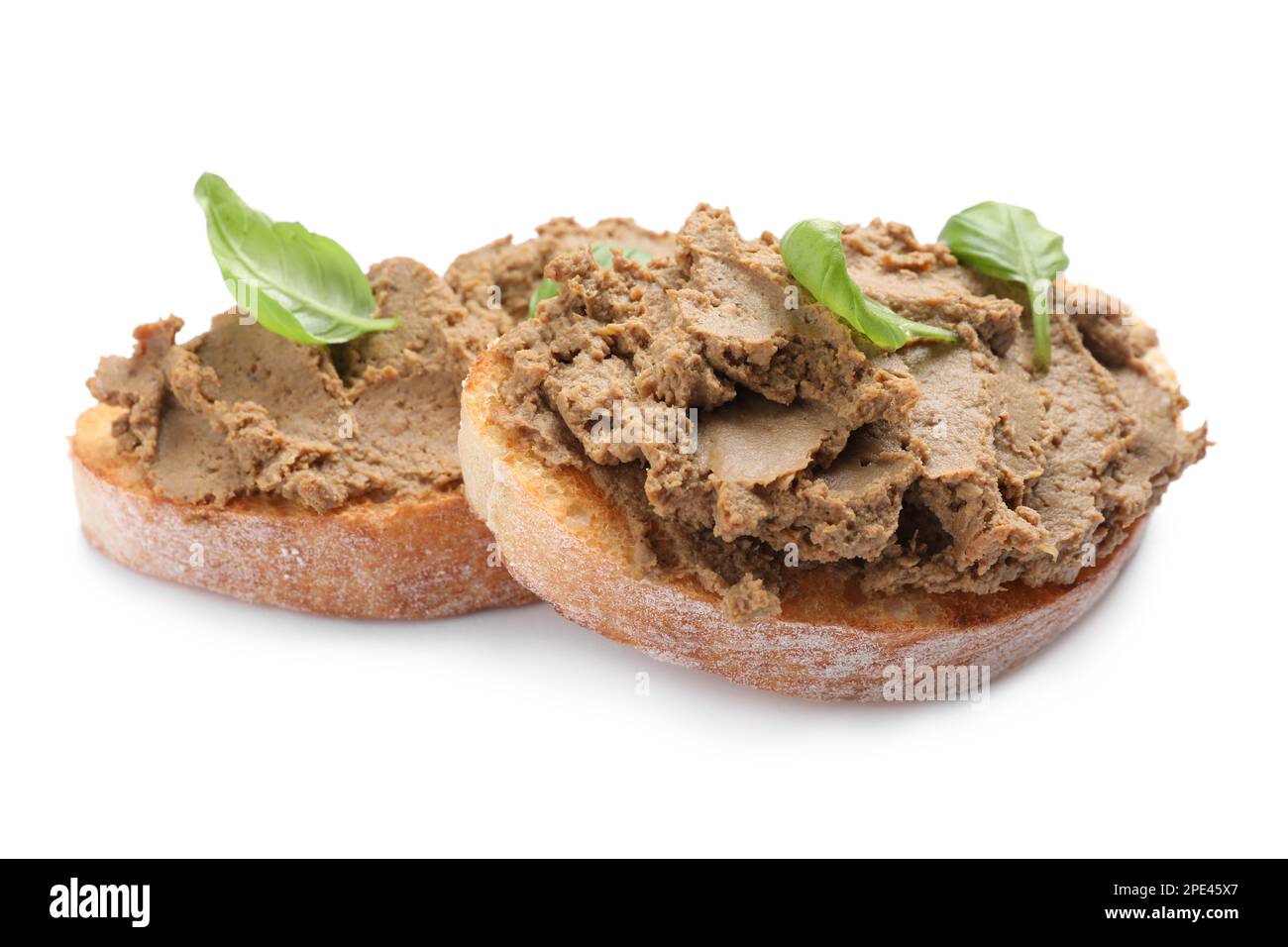 Slices of bread with delicious pate and basil on white background Stock ...