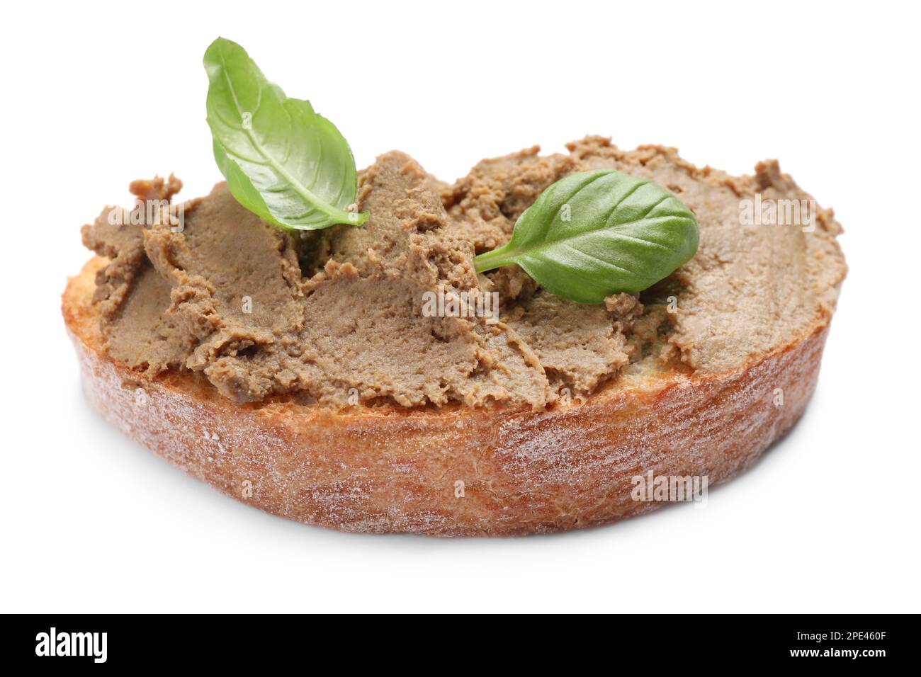 Slice of bread with delicious pate and basil isolated on white Stock ...