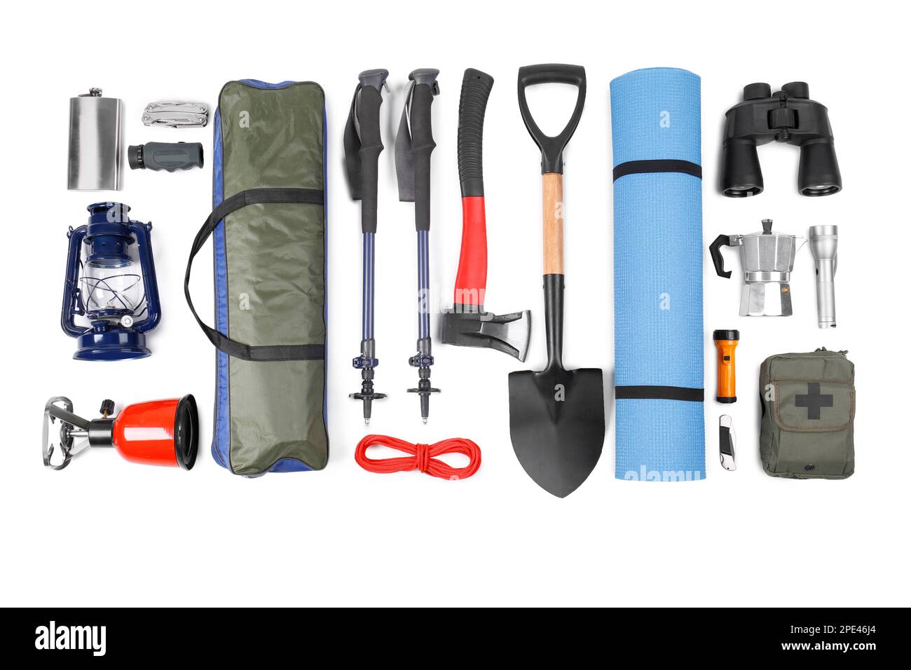 Set of camping equipment on white background, top view. Packing for ...