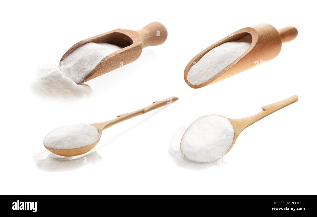 Set with baking soda on white background Stock Photo - Alamy