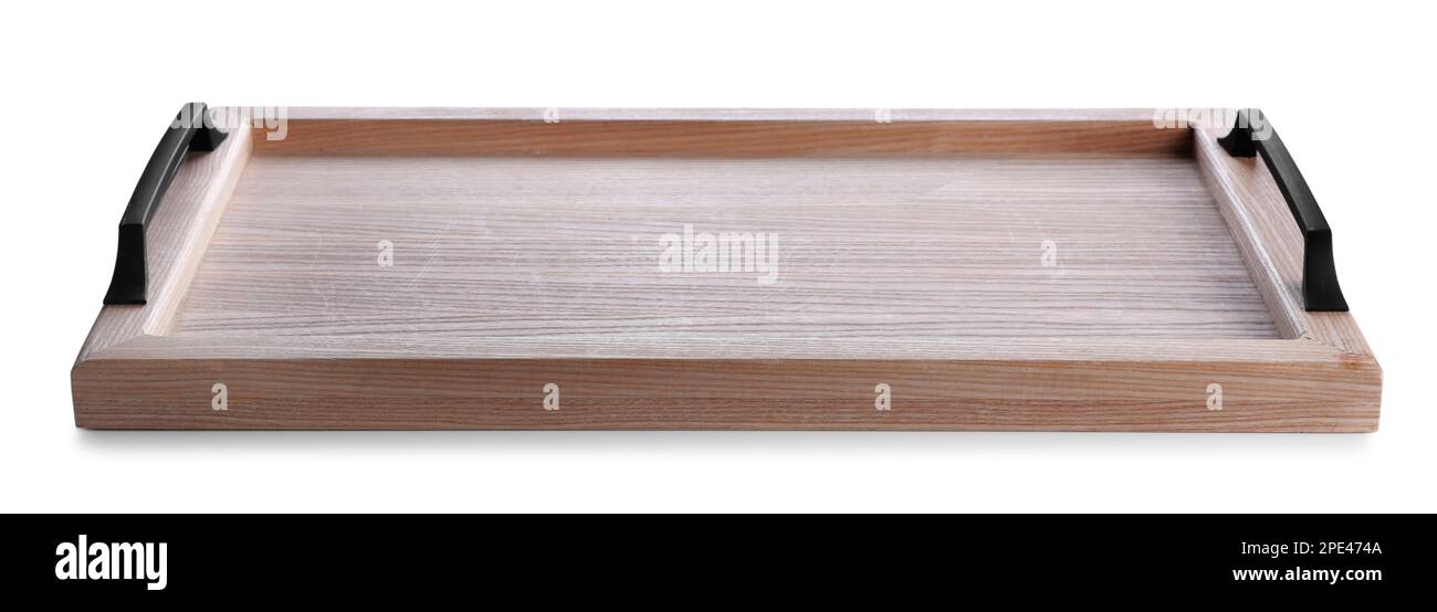 One empty wooden tray isolated on white Stock Photo - Alamy