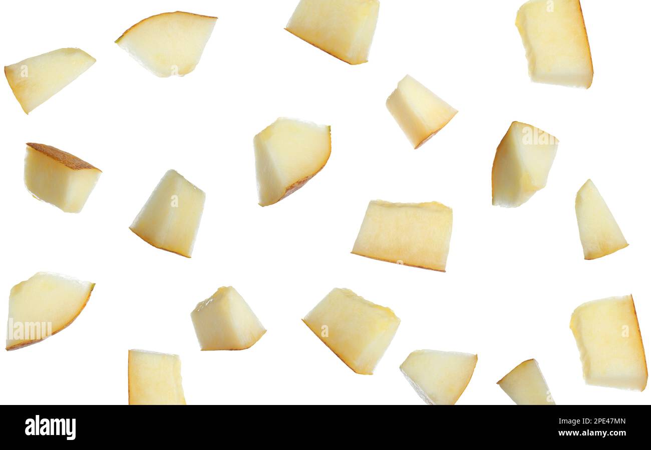 Pieces of delicious ripe melon falling on white background Stock Photo ...