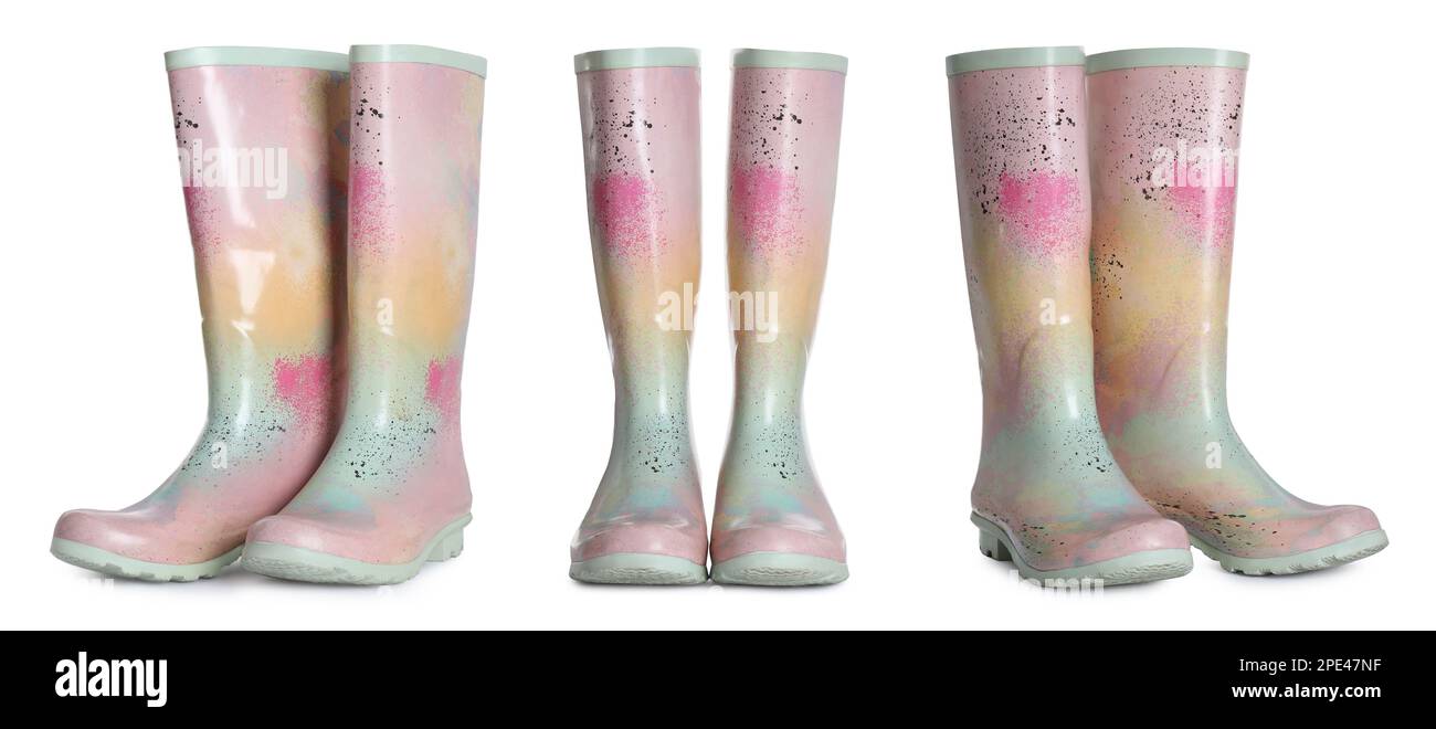 Set with color rubber boots on white background. Banner design Stock ...