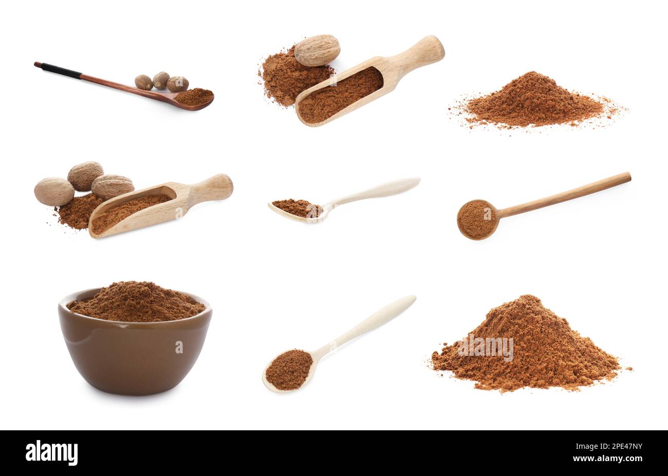 Set with nutmeg powder on white background Stock Photo - Alamy