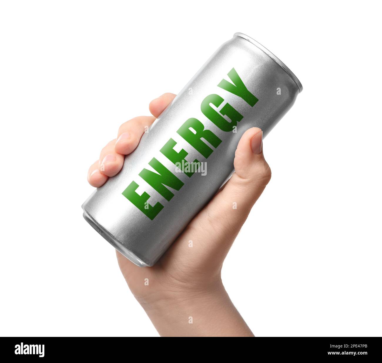 Woman holding can of energy drink on white background, closeup Stock ...