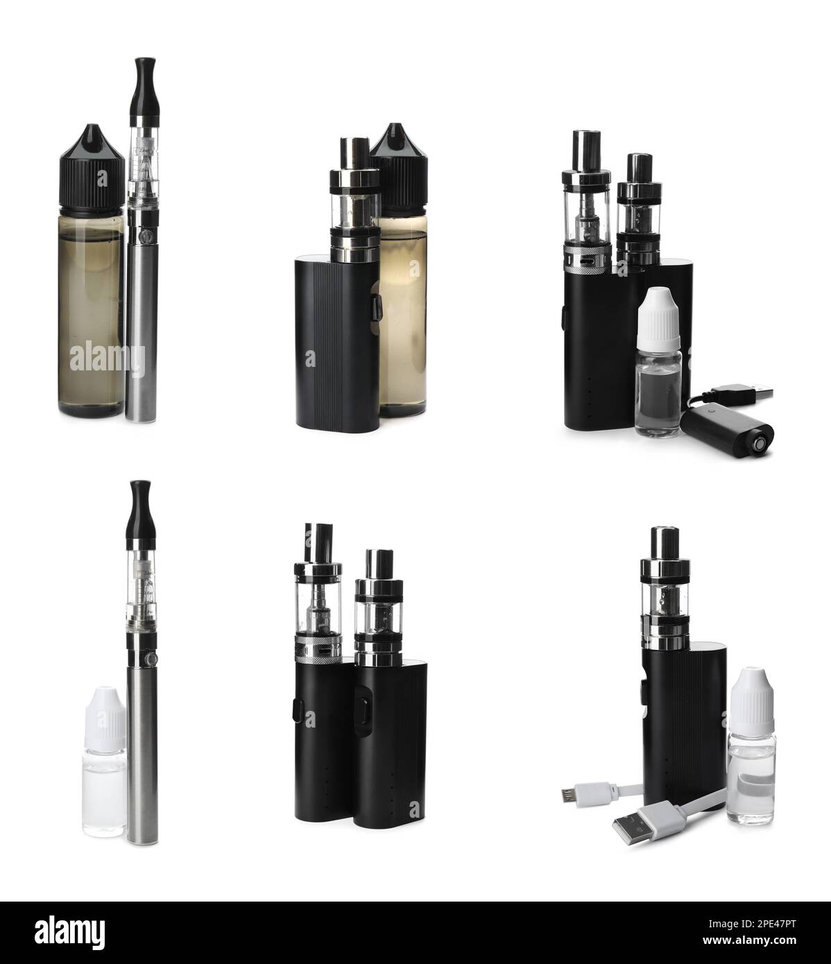 Set with different electronic smoking devices on white background Stock ...