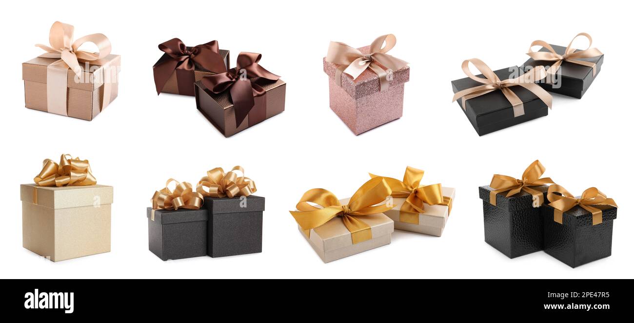 Set with beautiful gift boxes on white background. Banner design Stock ...