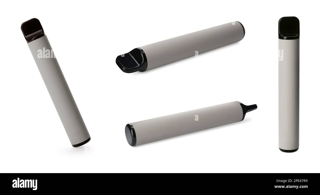 Set with electronic smoking devices on white background Stock Photo - Alamy