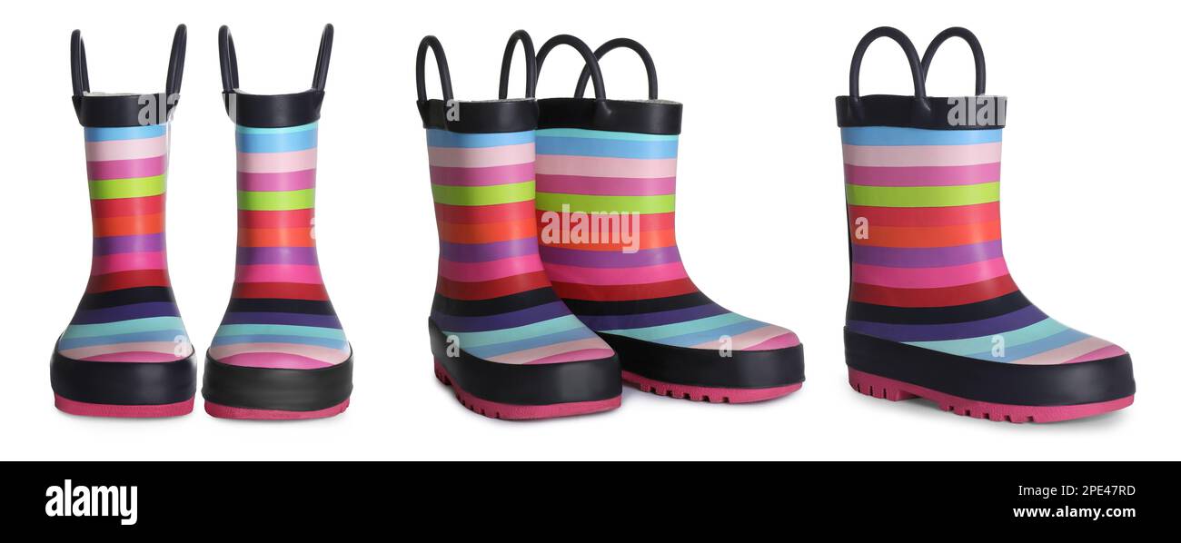 Set with color rubber boots on white background. Banner design Stock ...