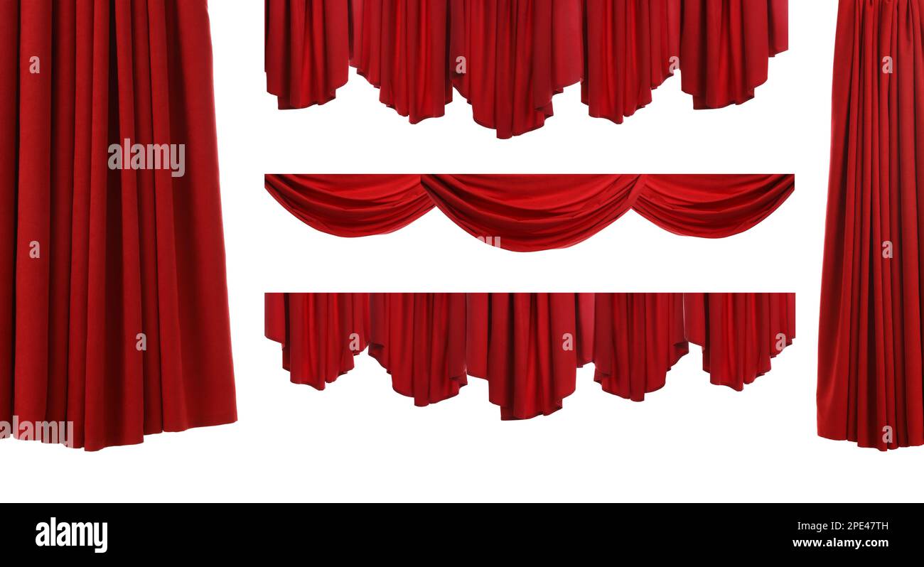 Set with beautiful red curtains on white background Stock Photo - Alamy
