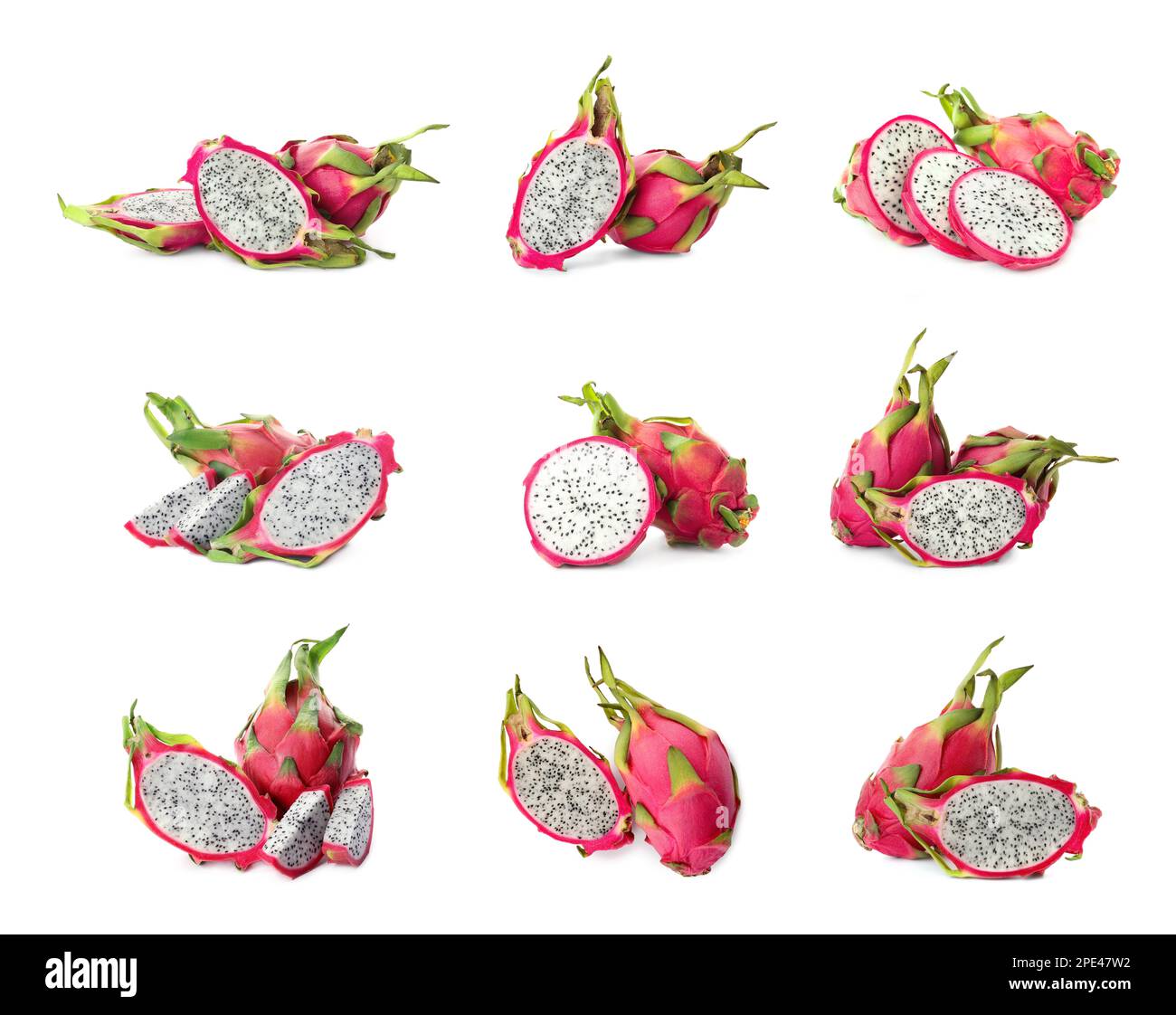 Set with delicious pink dragon fruits (pitahaya) on white background ...