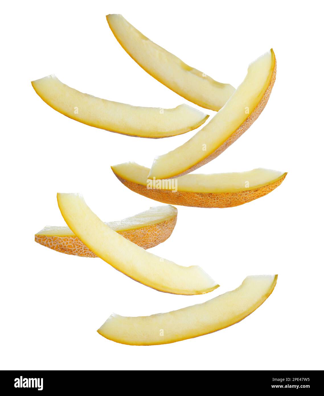 Pieces of delicious ripe melon falling on white background Stock Photo ...