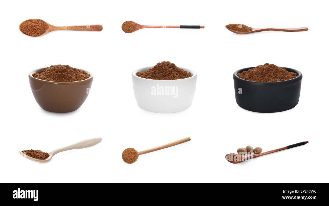 Set with nutmeg powder on white background Stock Photo - Alamy