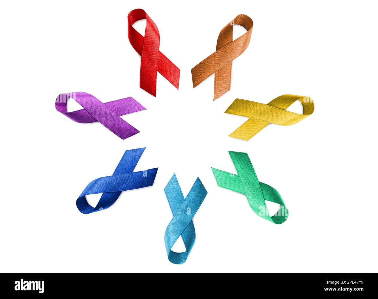 Set with different color ribbons on white background, top view. World ...