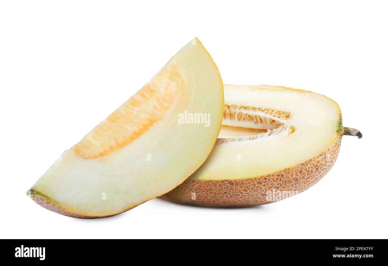 Cut tasty ripe melons on white background Stock Photo - Alamy