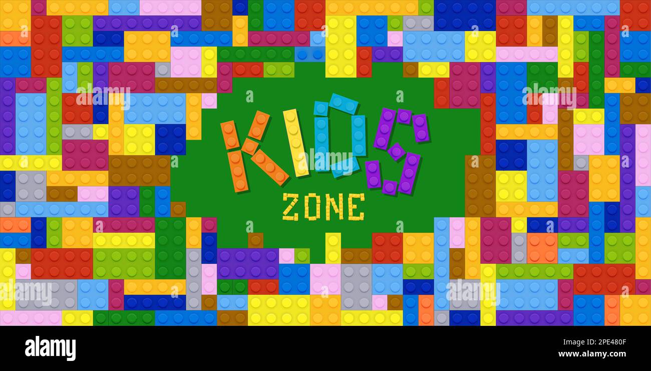 Kids zone background with brick blocks. Vector banner with plastic ...
