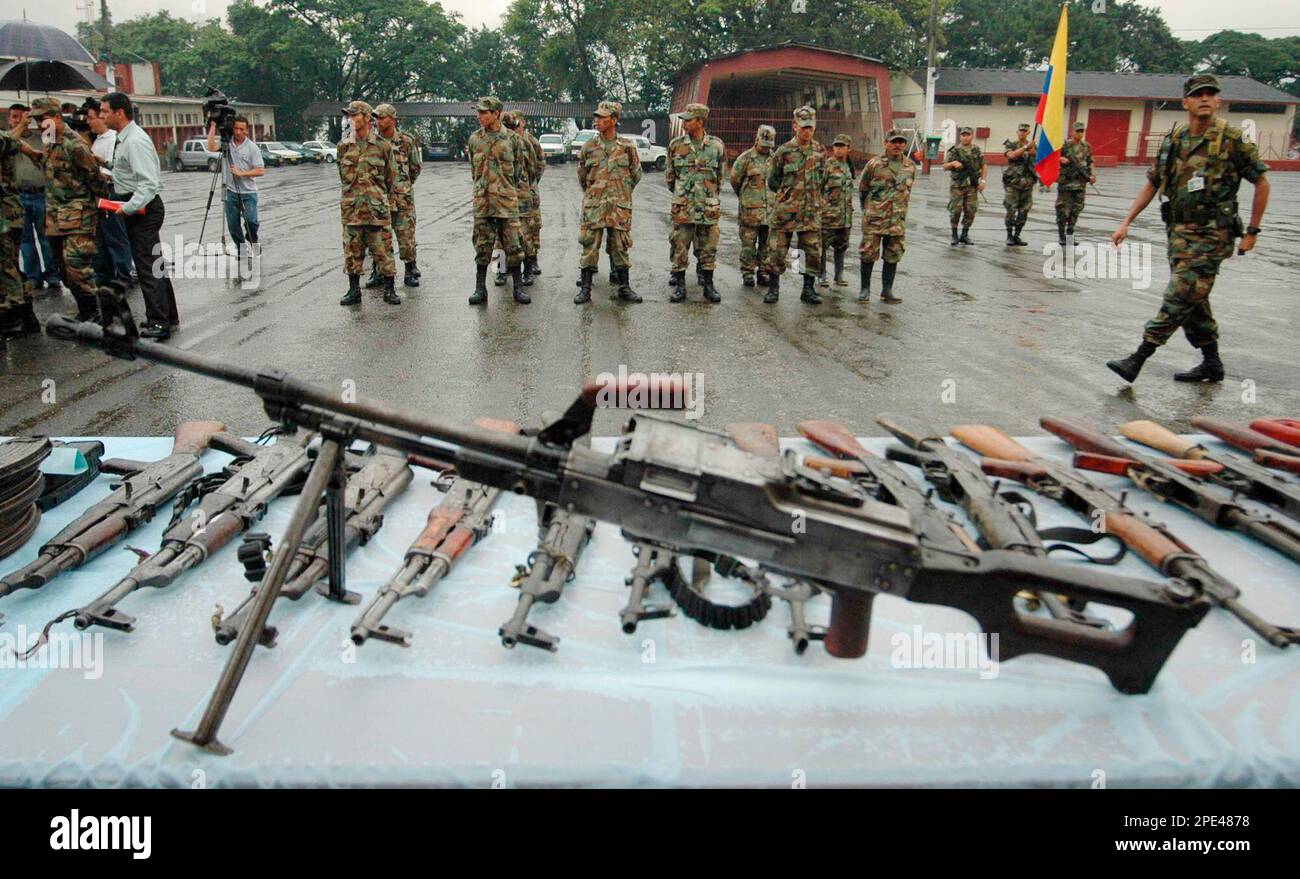 Fighters of the National Liberation Army, ELN, line up during a ...