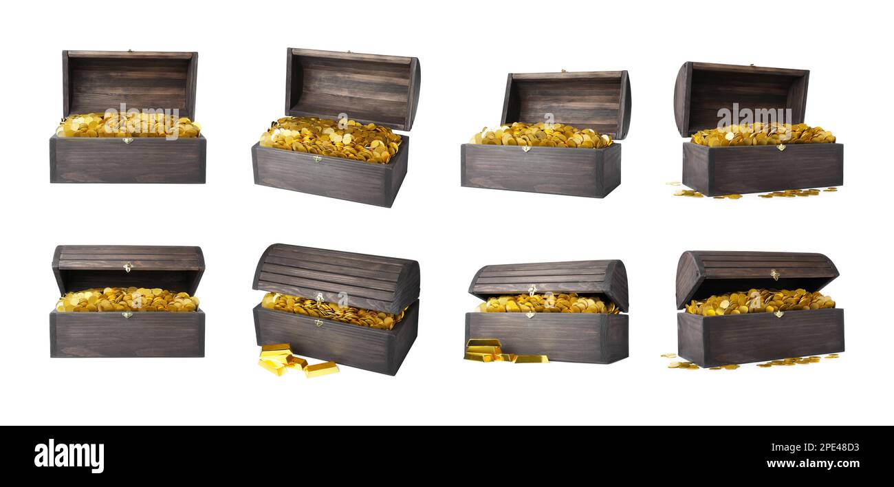 Set with treasure chests full of gold coins on white background. Banner ...