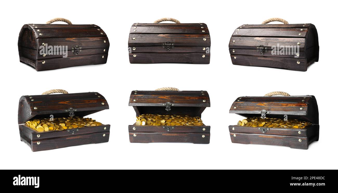 Set with treasure chests full of gold coins on white background. Banner ...
