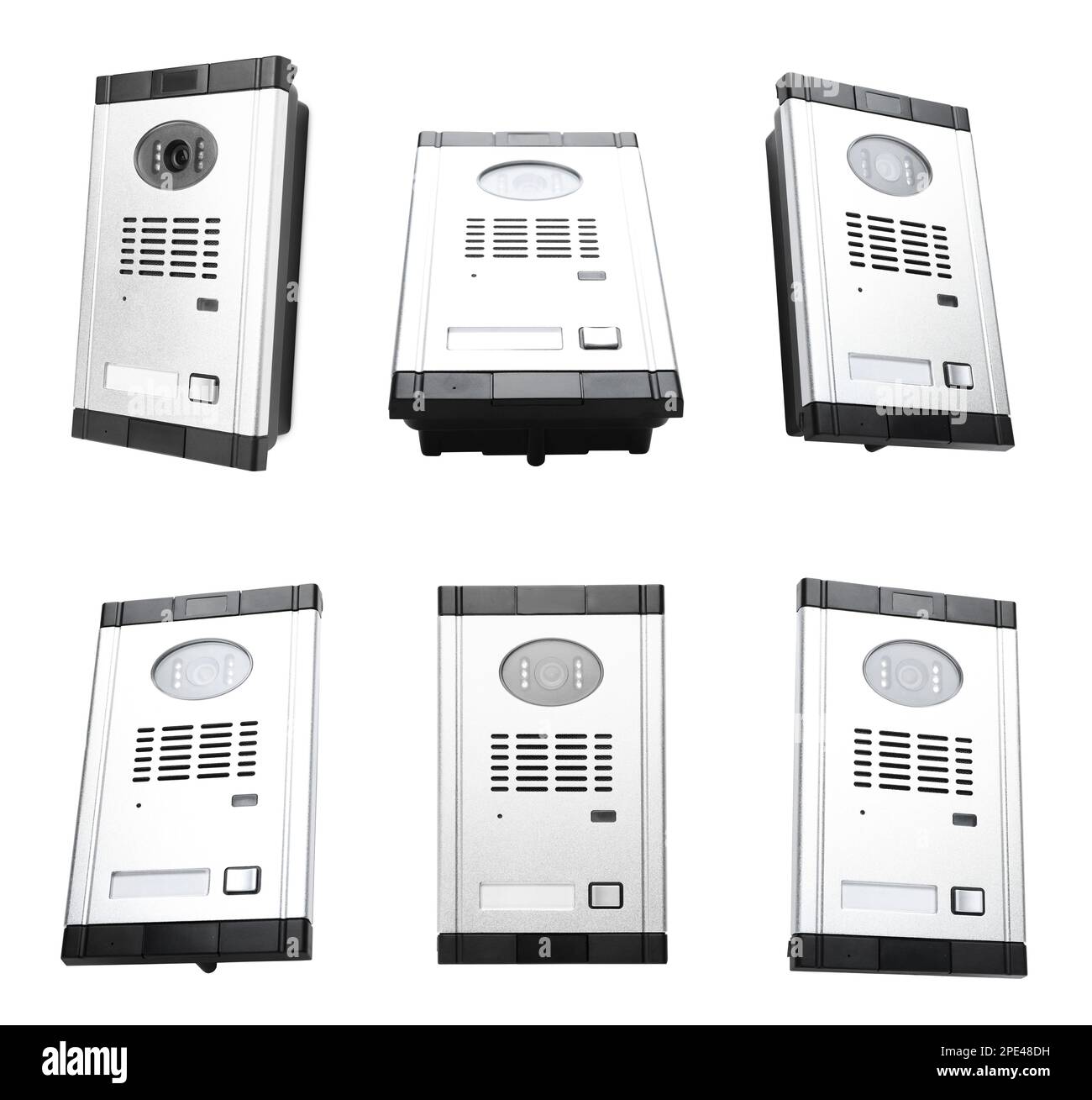 Set with modern intercom door stations on white background Stock Photo ...