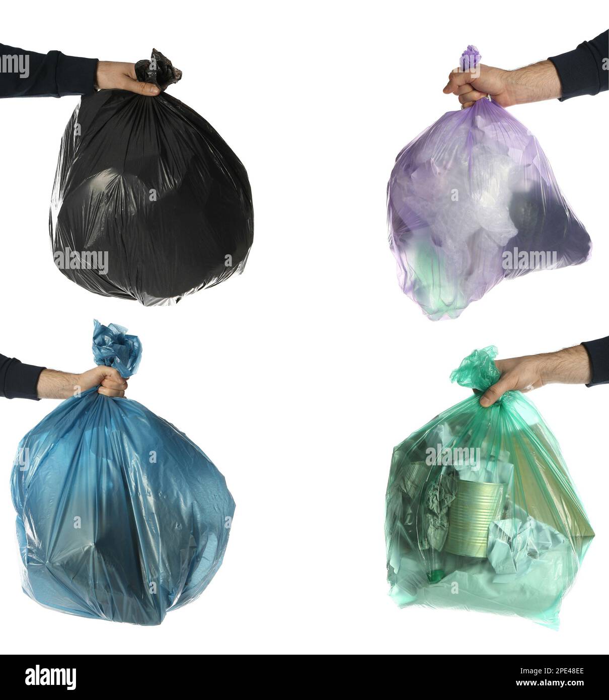 Collage with photos of men holding trash bags on white background ...