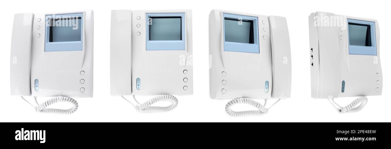 Intercom base stations with handsets on white background, collage ...