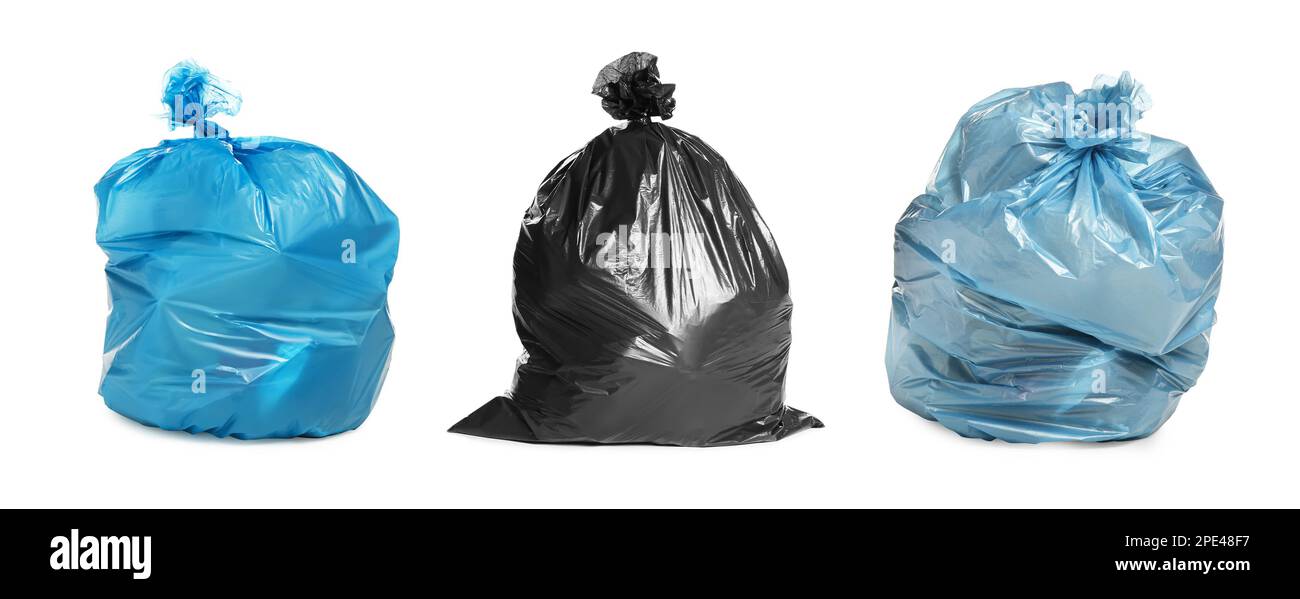 Set with trash bags filled with garbage on white background. Banner ...