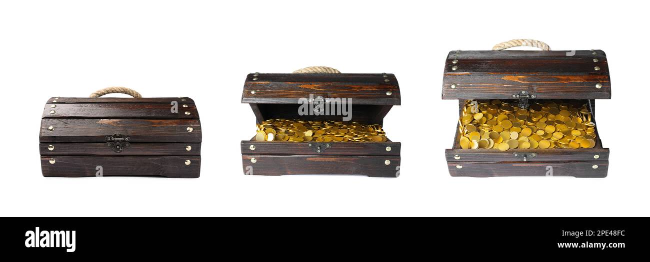 Set with treasure chests full of gold coins on white background. Banner ...