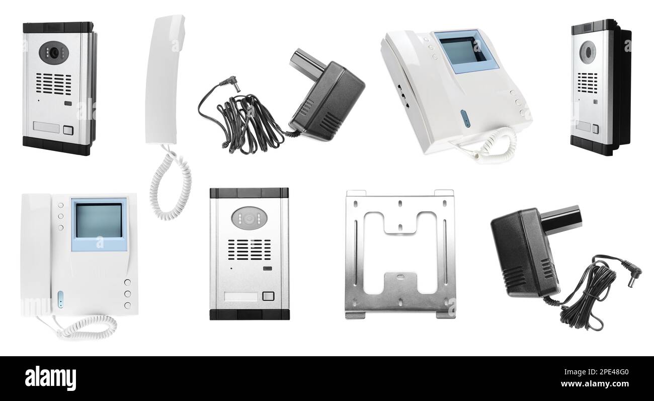 Set with modern intercom stations on white background Stock Photo - Alamy