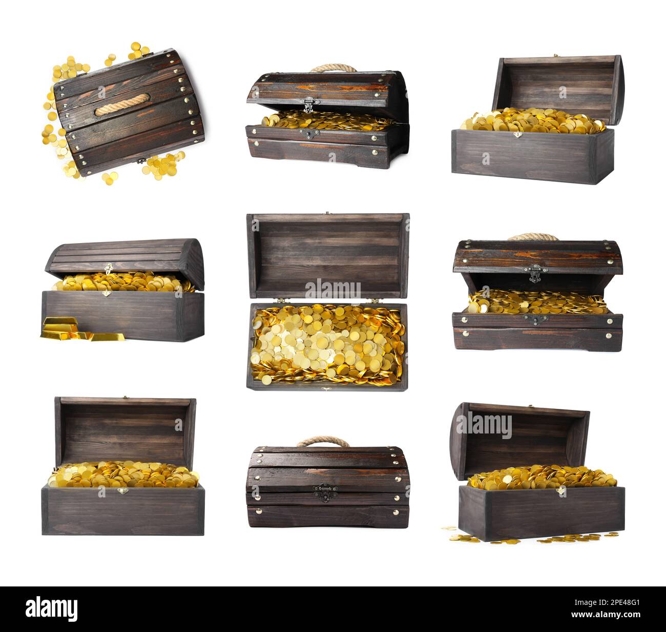 Set with treasure chests full of gold coins on white background Stock ...