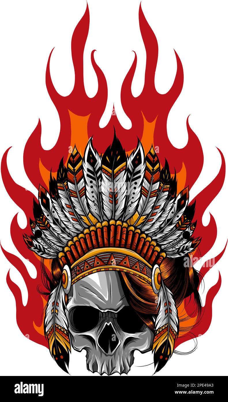 Dotwork style skull with indian feather hat. Grunge vector Stock Vector ...