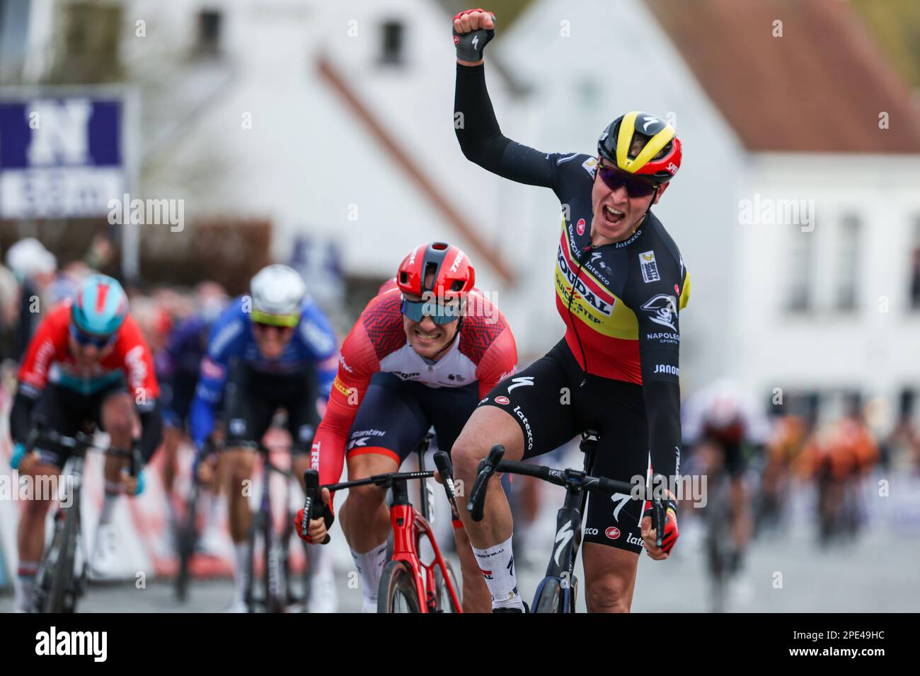 Belgian Tim Merlier of Soudal Quick-Step celebrates as he crosses the ...