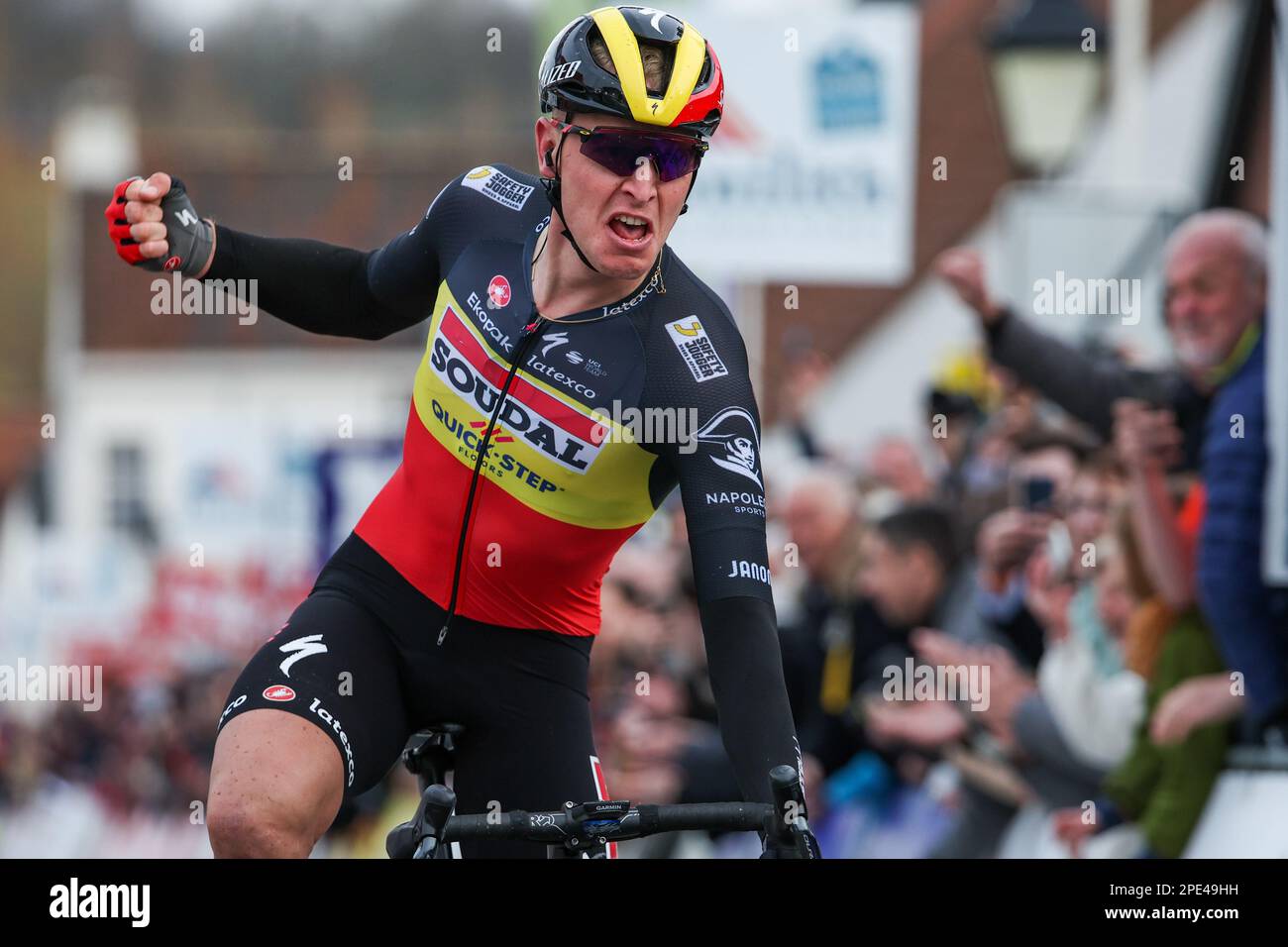 Belgian Tim Merlier of Soudal Quick-Step celebrates as he crosses the ...