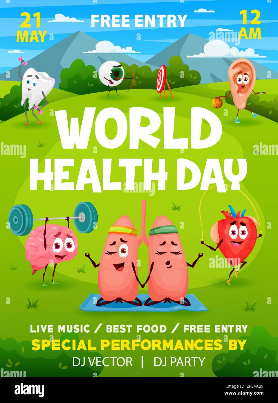 World health day flyer, cartoon funny human organs characters, vector ...