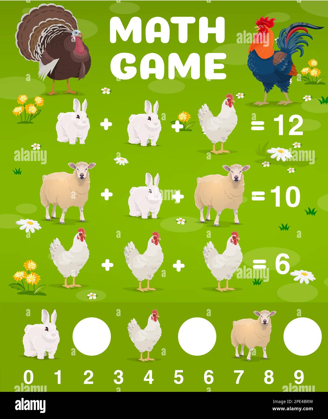Cartoon farm animals math game worksheet. Vector mathematics riddle for ...
