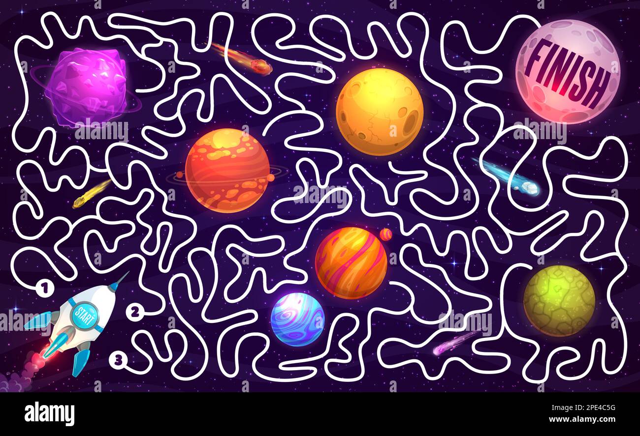 Galaxy labyrinth maze cartoon space planets, stars and rocket. Kids ...