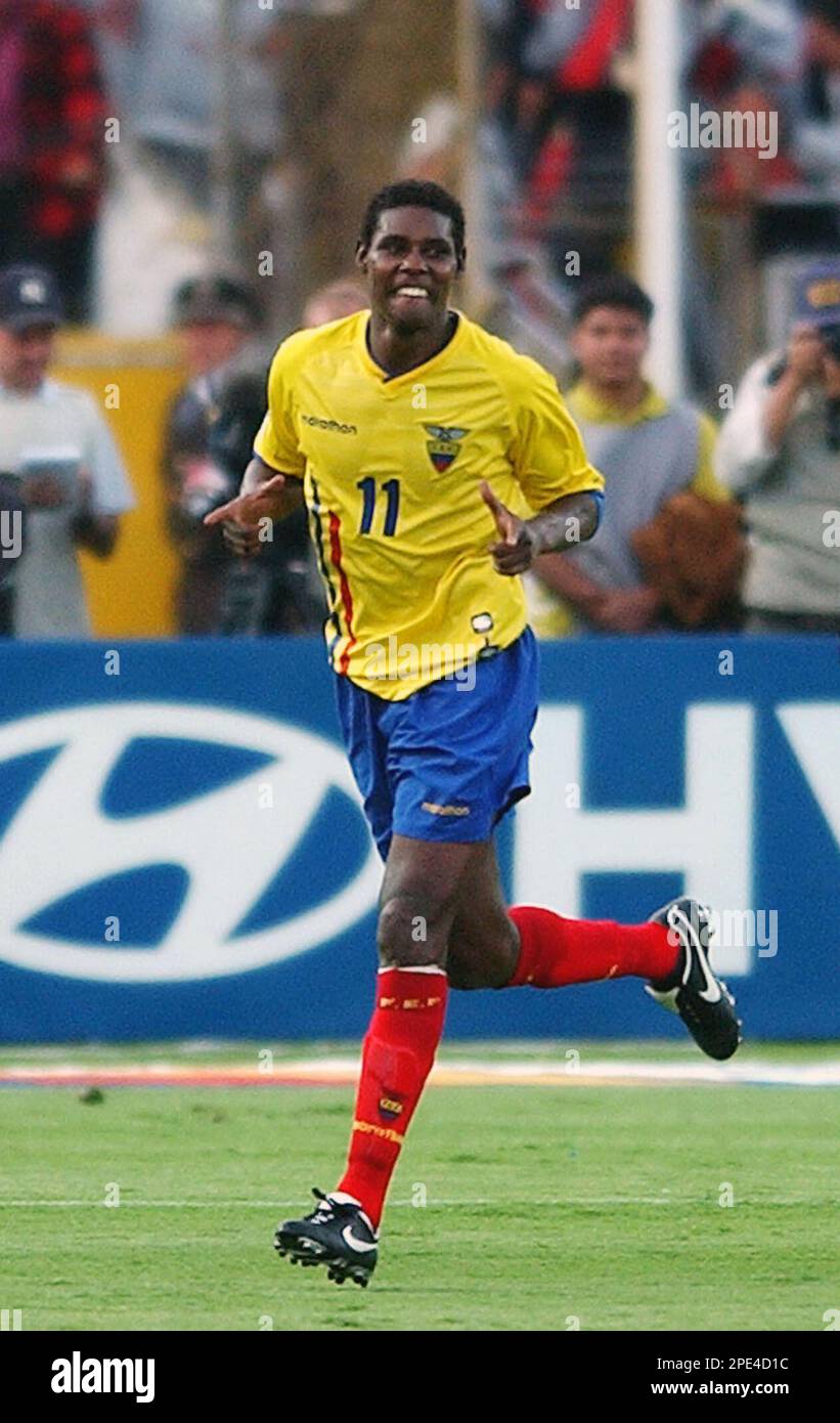Ecuador's Agustin Delgado, left, celebrates his goal against Argentina ...