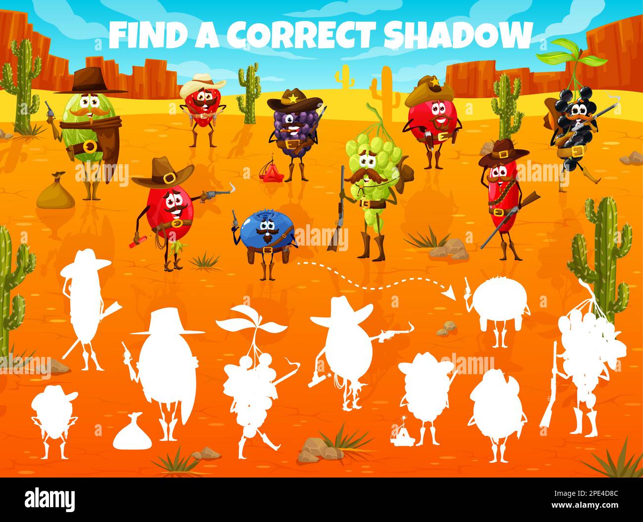 Find correct shadow, cartoon Wild West berry ranger, cowboy and bandit ...