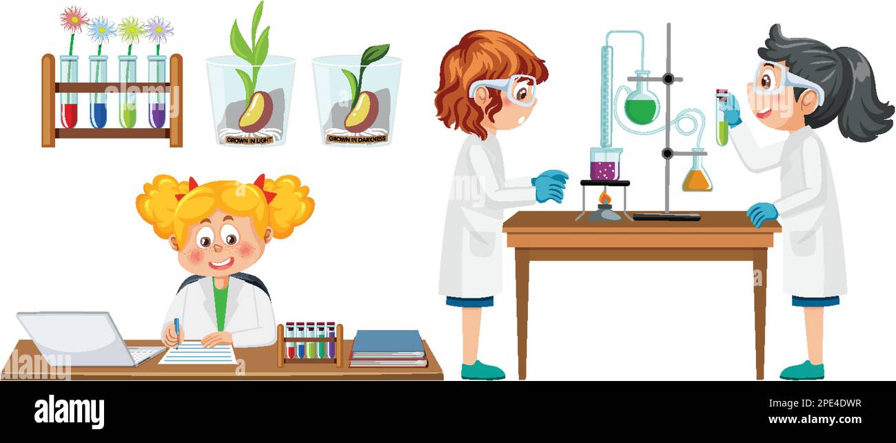 Scientist and student doing chemistry experiment illustration Stock ...